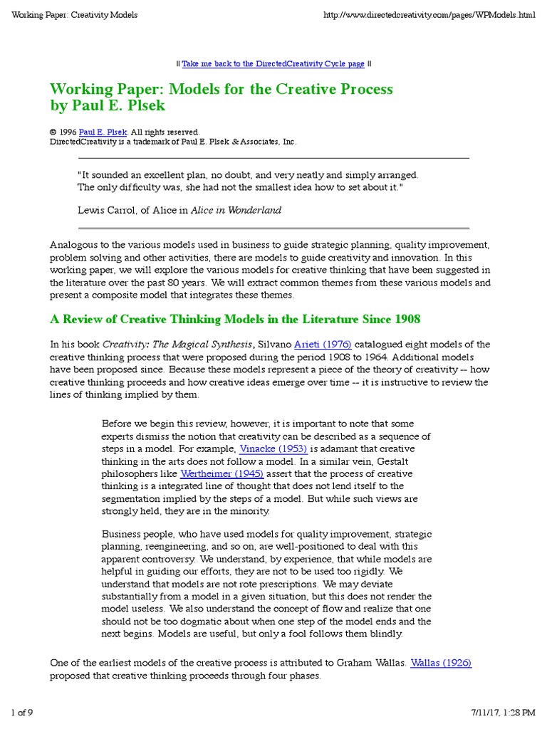 Working Paper: Creativity Models | PDF | Creativity | Brainstorming