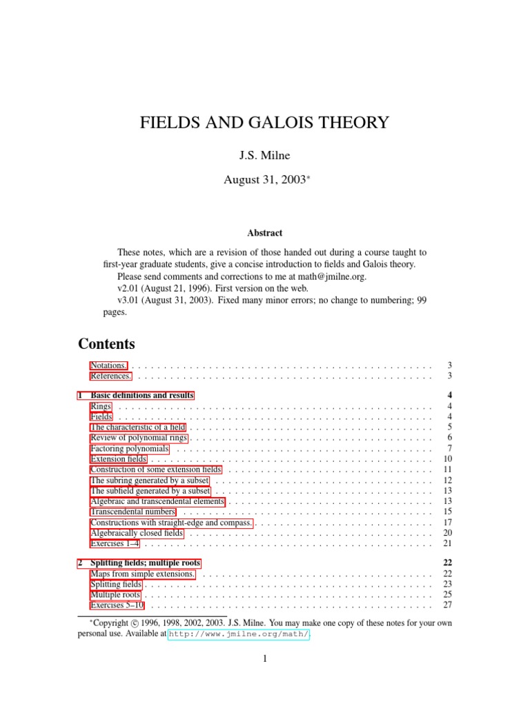 Fields and Galois Theory: J.S. Milne August 31, 2003 | Download Free ...