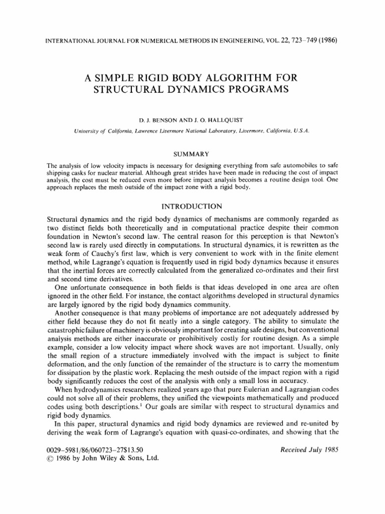 (Hallquist) A Simple Rigid Body Algorithm For Structural Dynamics ...