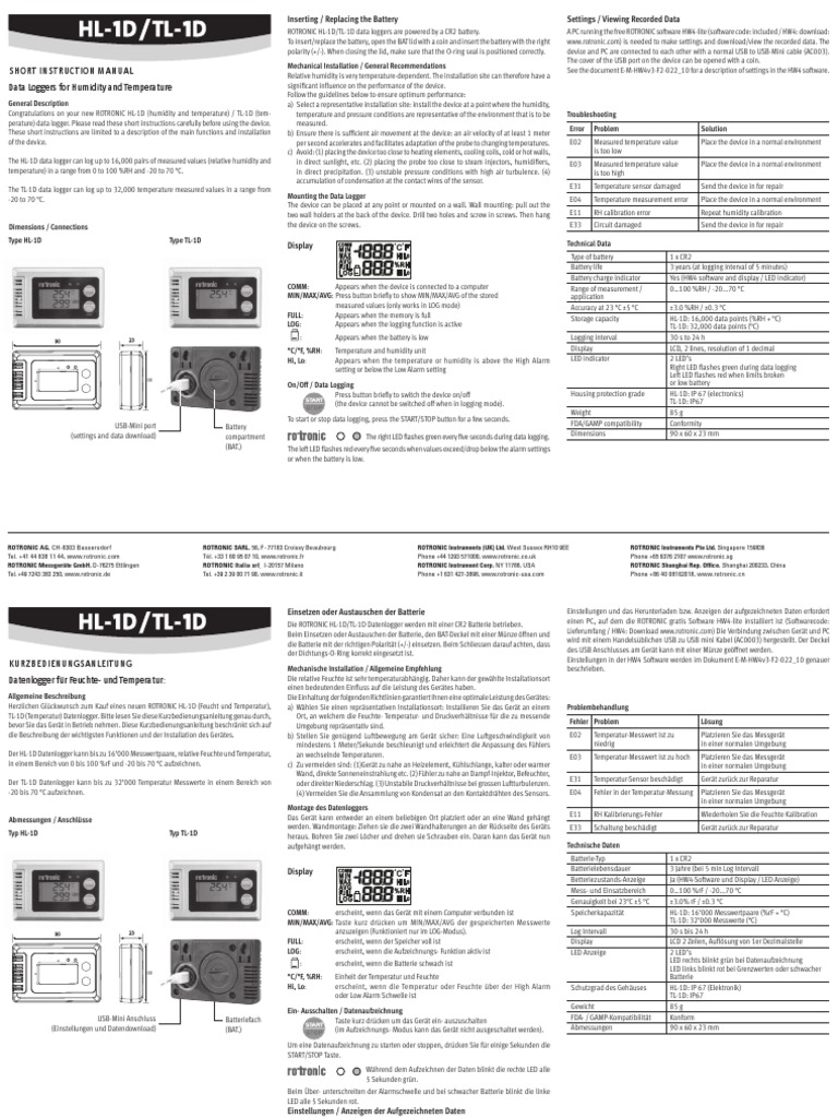 Rotronic HL 1D TL 1D Manual | PDF | Relative Humidity | Quantity