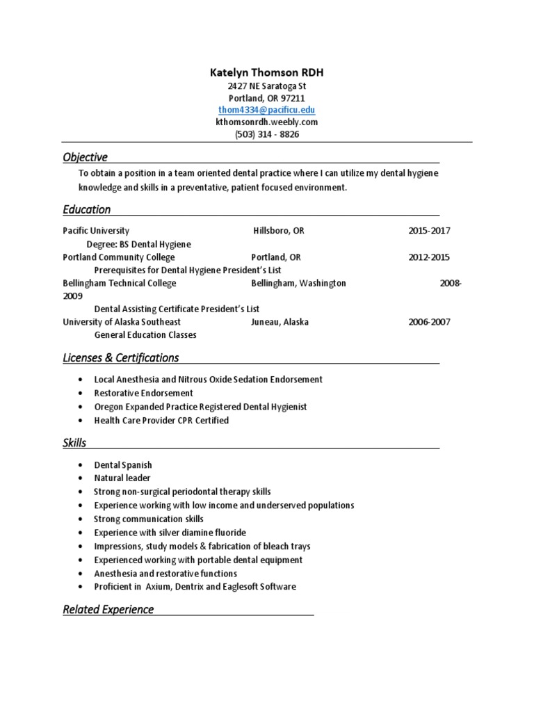 Katelyn Thomson RDH Resume | PDF | Dental Hygienist | Mouth