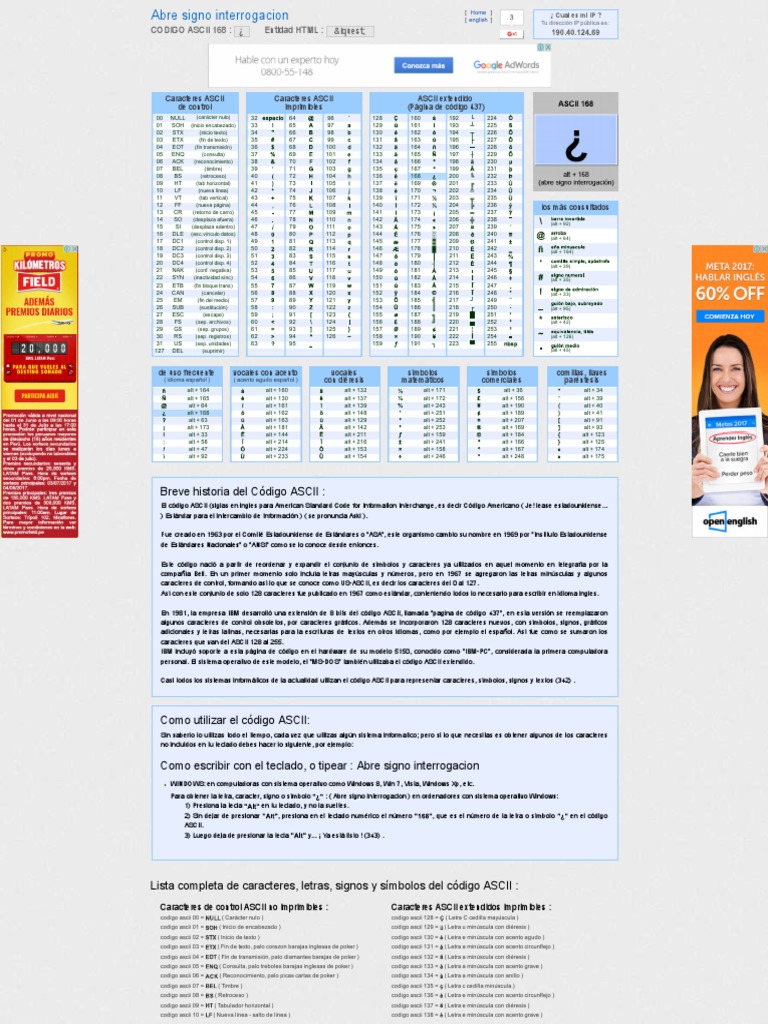 Codigo ASCII Abre Signo Interrogacion, ... P, Asccii, Asqui, Askii ...
