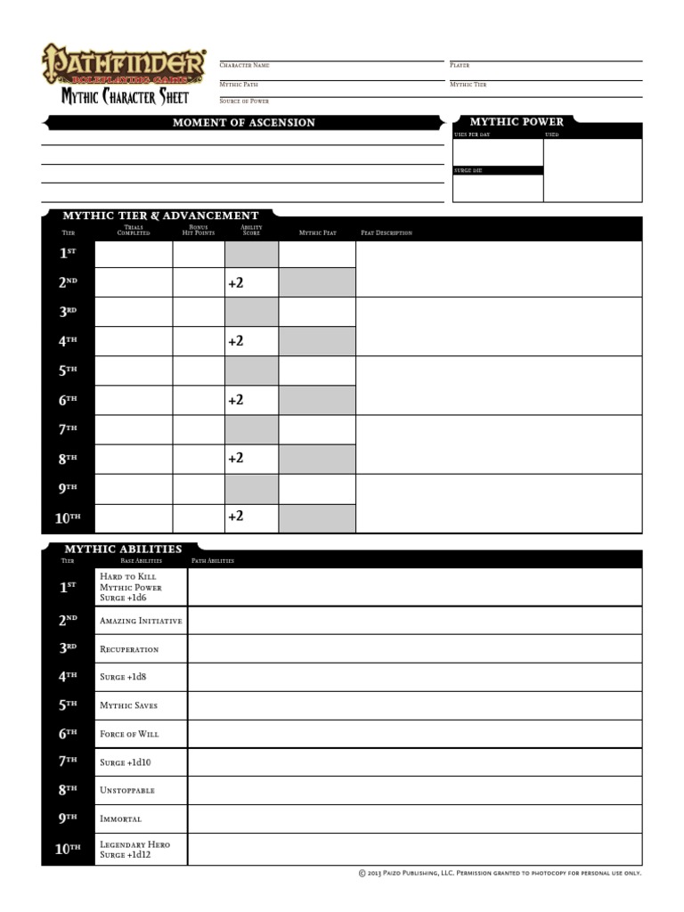 Yth Ic Haracter Heet: Mythic Power Moment of Ascension | PDF | Role Playing Games | Unrest