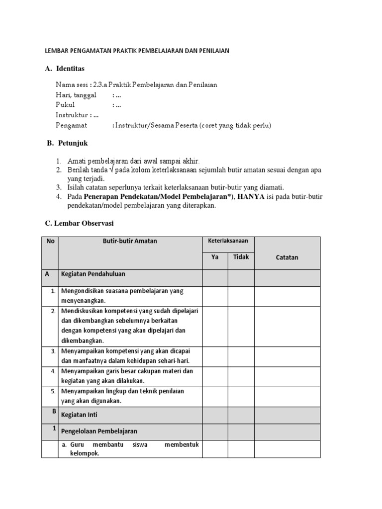 Lembar Pengamatan Praktik Pembelajaran Dan Penilaian | PDF