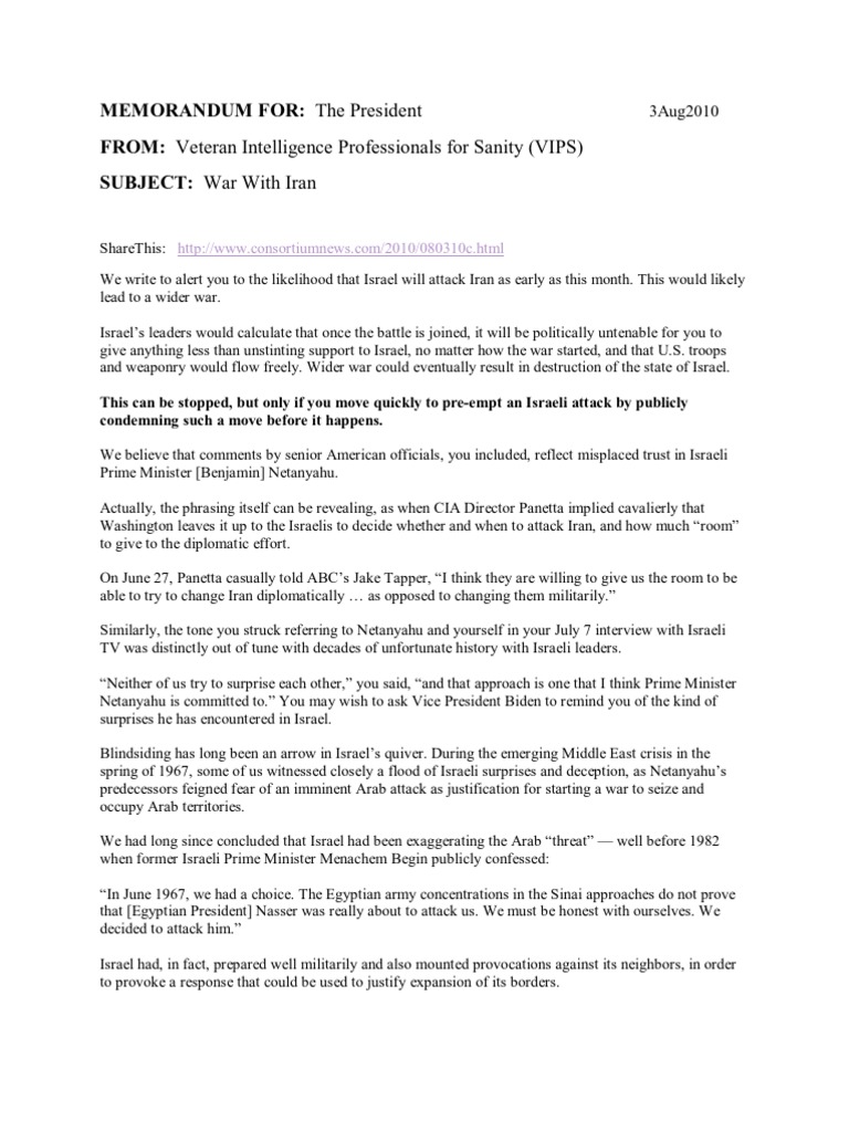 War With Iran!! VIPS Memo To POTUS 3aug10 | PDF | Benjamin Netanyahu ...