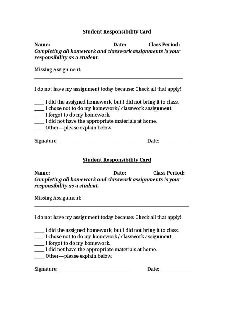 Student Responsibility Card | PDF