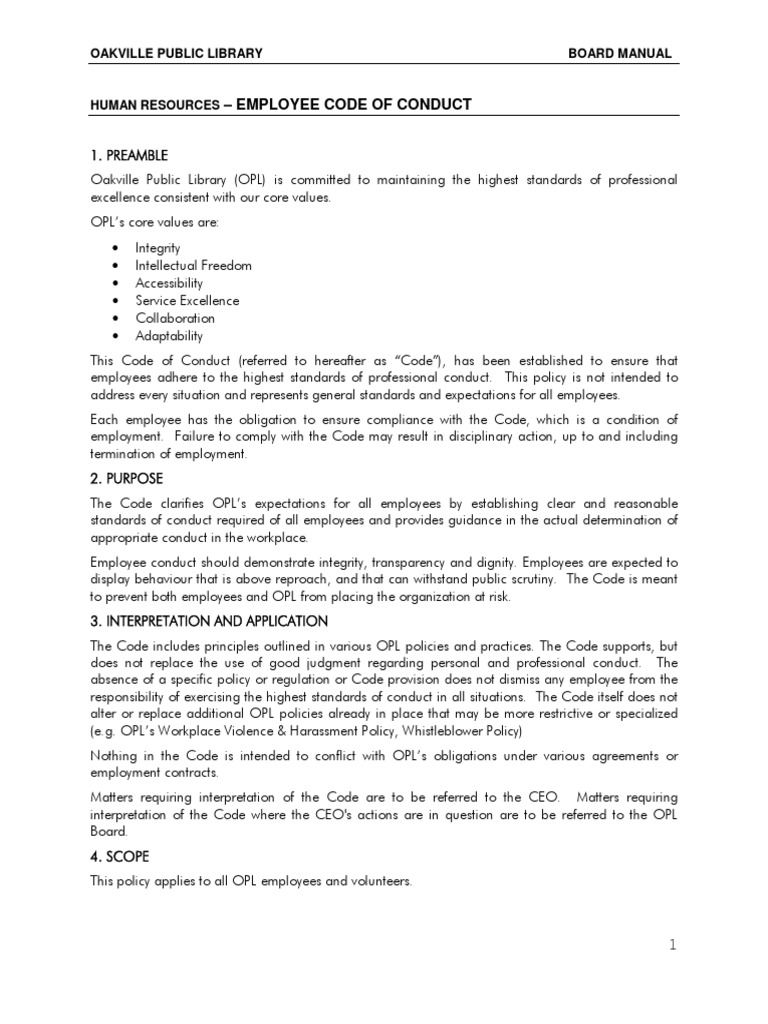 Employee Code of Conduct: Oakville Public Library Board Manual | PDF ...