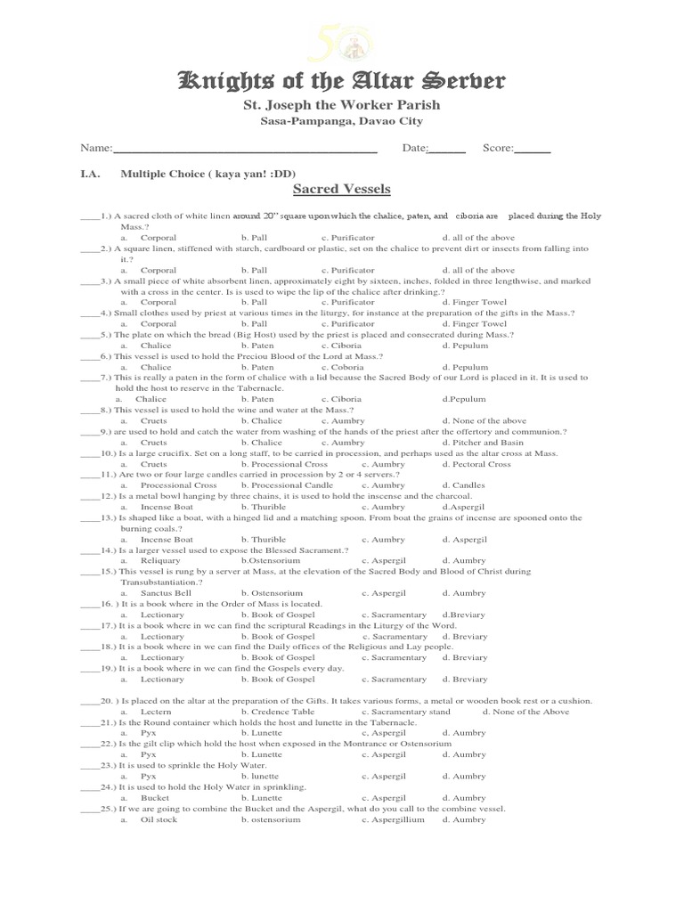 Knights of The Altar Server Final Exam | PDF | Mass (Liturgy) | Eucharist