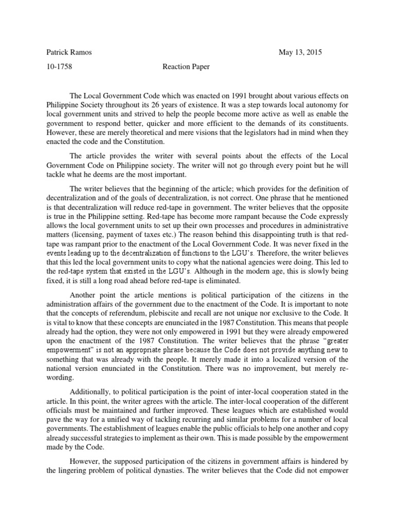 Reaction Paper | PDF | Decentralization | Local Government