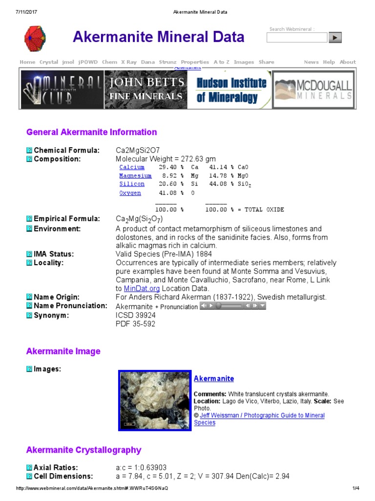 Akermanite Mineral Data1 | PDF | Minerals | Crystalline Solids