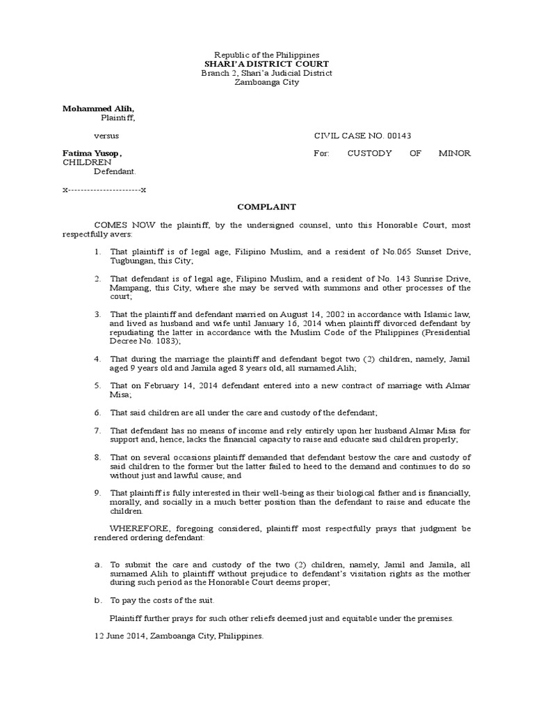 Sample of Complaint Islamjur | PDF | Complaint | Sharia