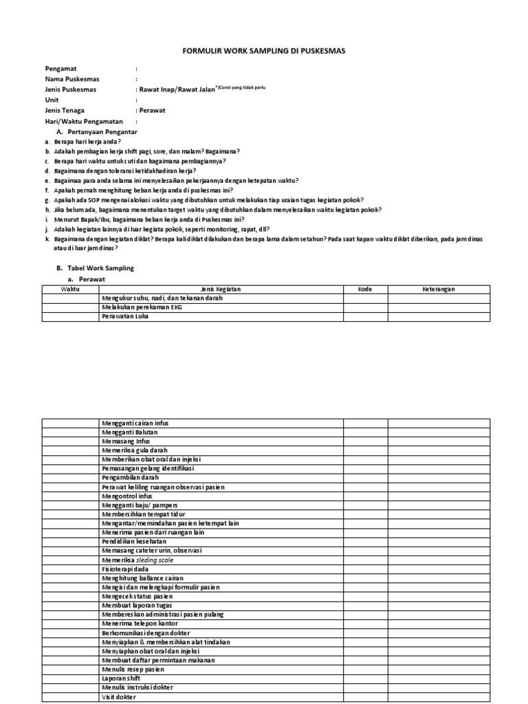 Formulir Work Sampling Di Puskesmas Print | PDF