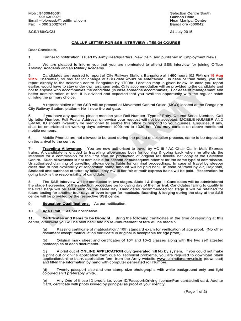 SSB Call Letter TES Entry | PDF | Transport | Business