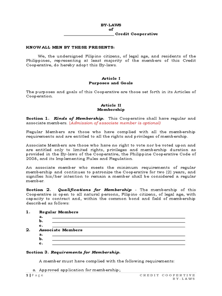 Sample Credit Cooperative By-Laws | Board Of Directors | Committee