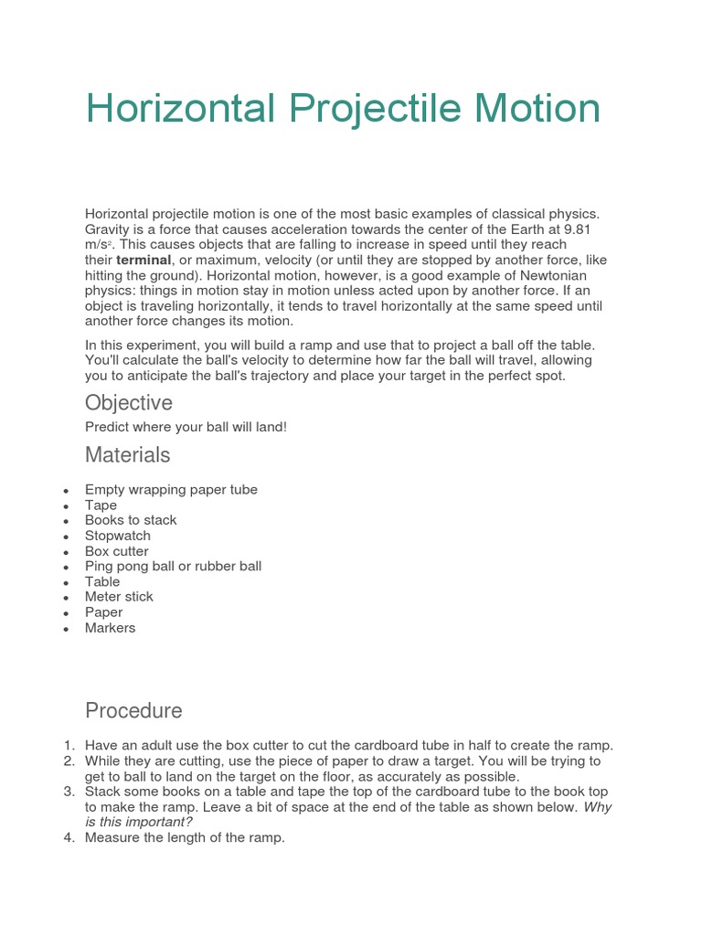 Horizontal Projectile Motion Experiment | PDF | Gravity | Force