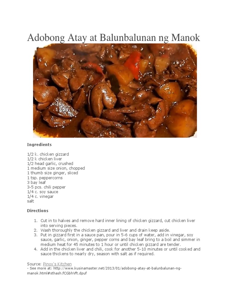 Adobong Atay at Balunbalunan NG Manok | PDF | Cooking, Food & Wine