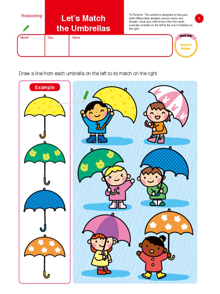 Let's Match The Umbrellas: Draw A Line From Each Umbrella On The Left ...