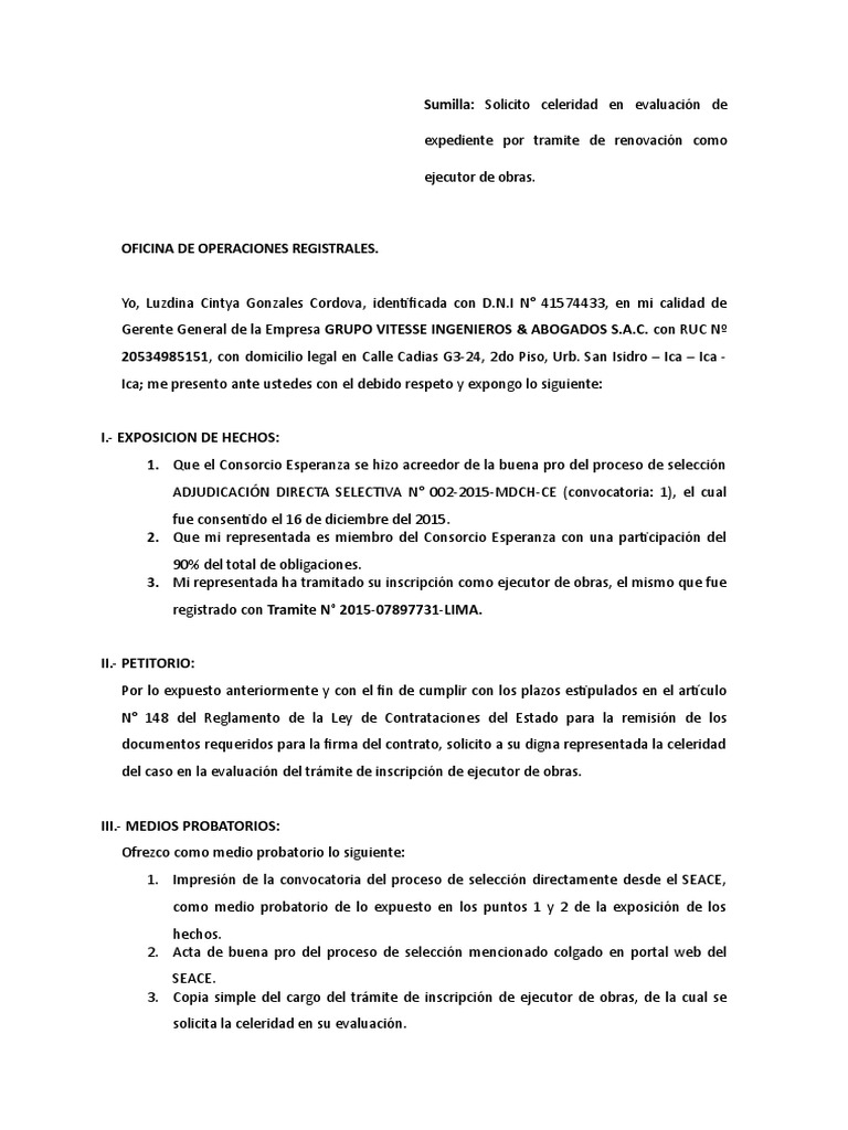 Solicitud Celeridad RNP Ejecutor de Obras 2015 | PDF