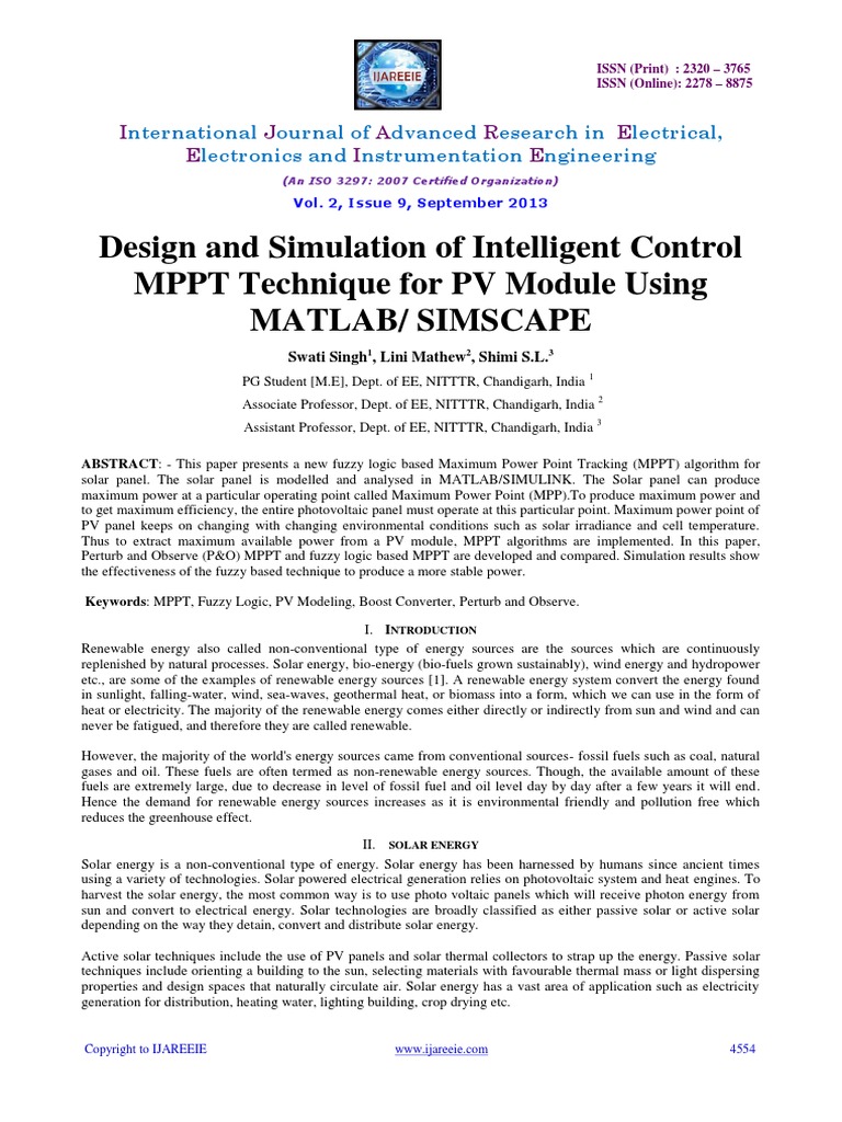 Design And Simulation Of Intelligent Control Mppt Technique For Pv Module Using Matlab Simscape