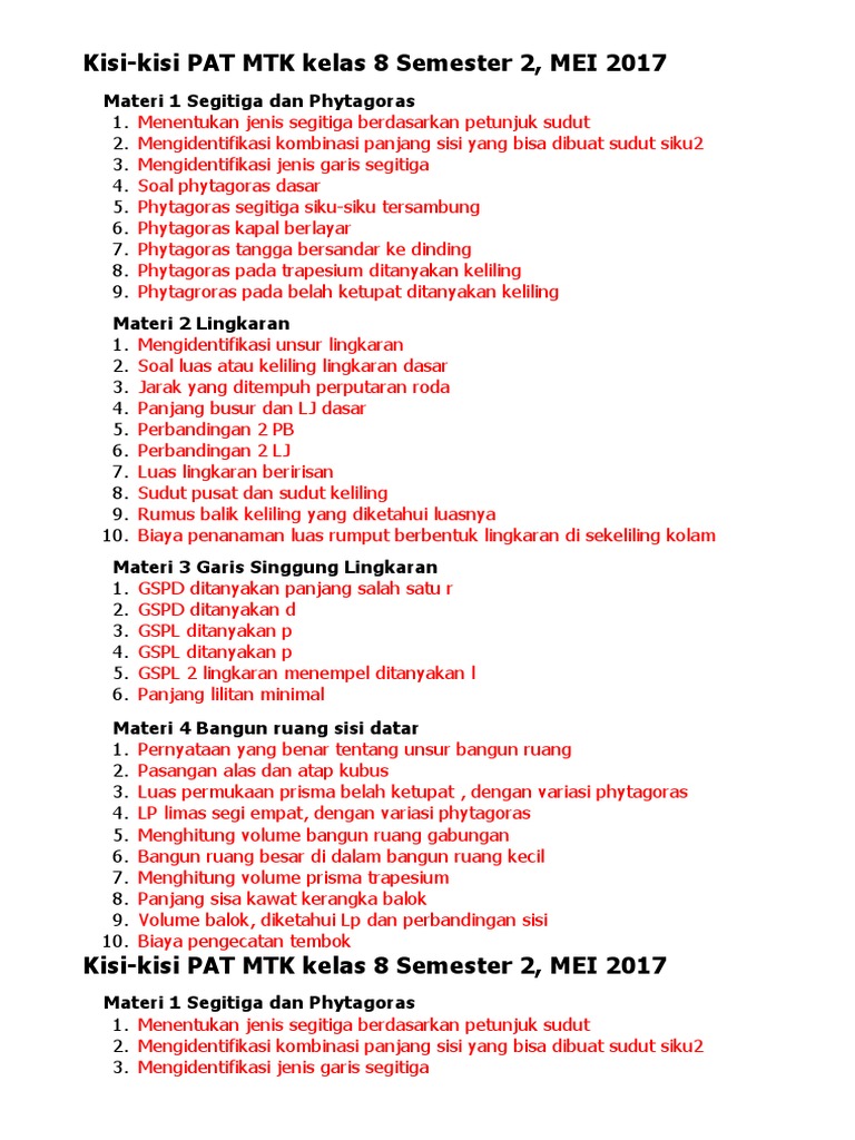 Kisi-Kisi PAS MTK Kelas 8 Sem 2 | PDF