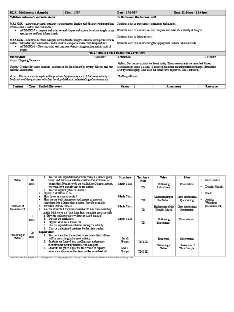 Lesson Plan Length Metres | PDF | Measurement | Educational Assessment