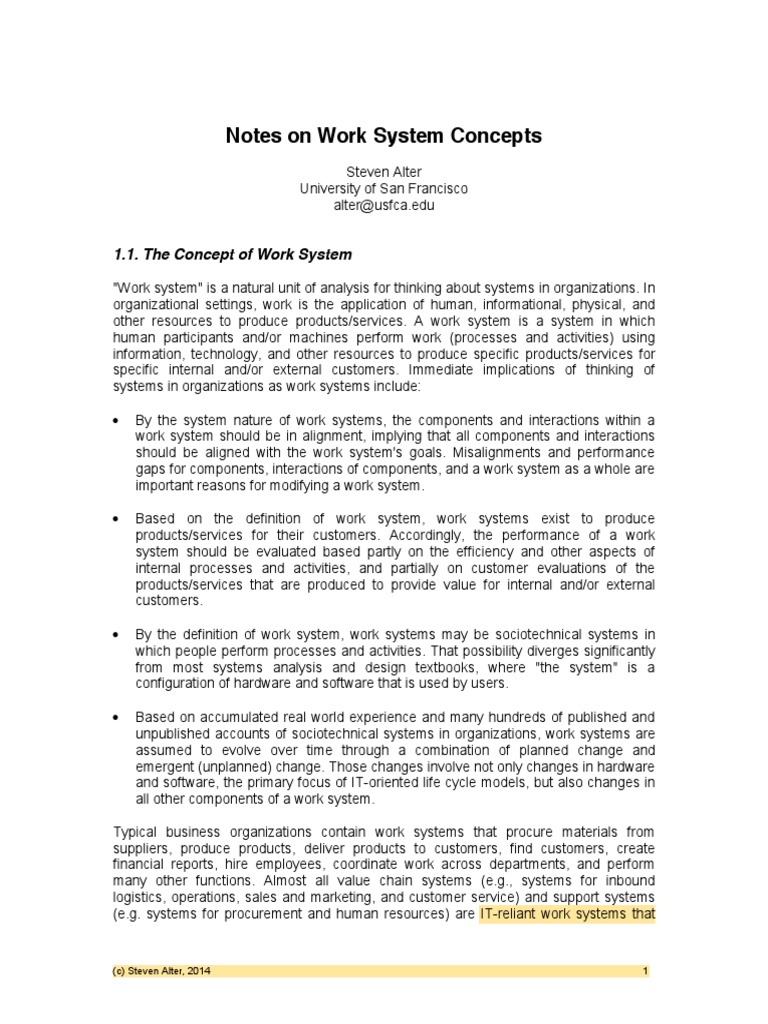 Notes On Work System Concepts1 | PDF | System | Strategic Management