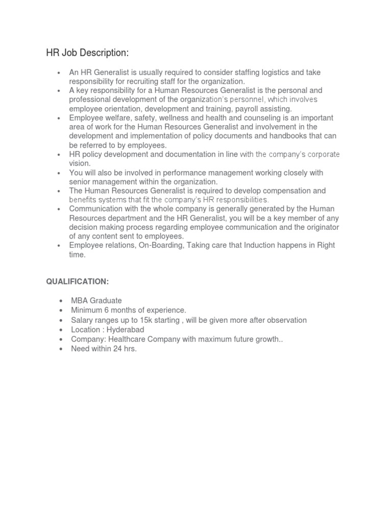 HR Job Description:: Qualification | PDF