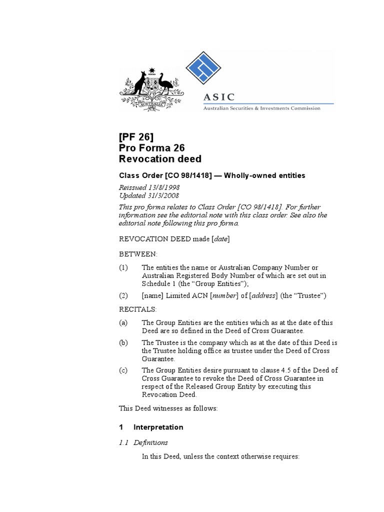 (PF 26) Pro Forma 26 Revocation Deed: Class Order (CO 98/1418) - Wholly ...