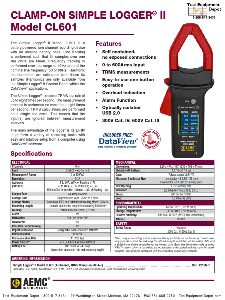 Clamp-On Simple Logger II Model CL601 | PDF | Battery (Electricity) | Usb