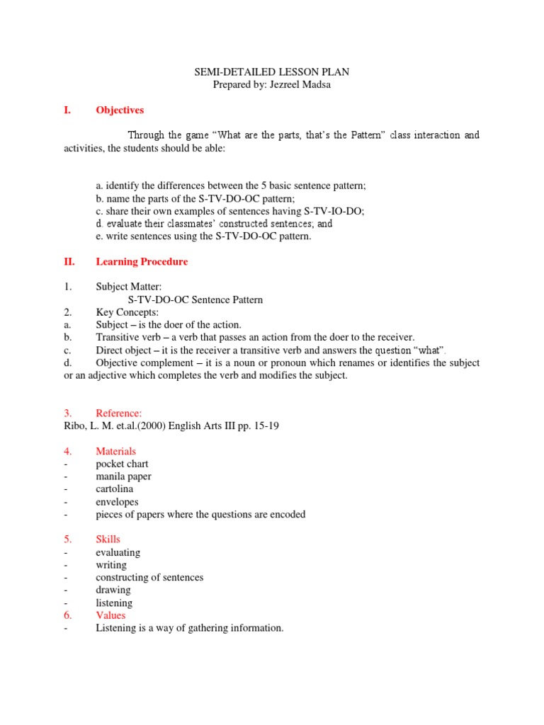 Lesson Plan on Sentence Patterns and Reading | PDF | Verb | Object ...