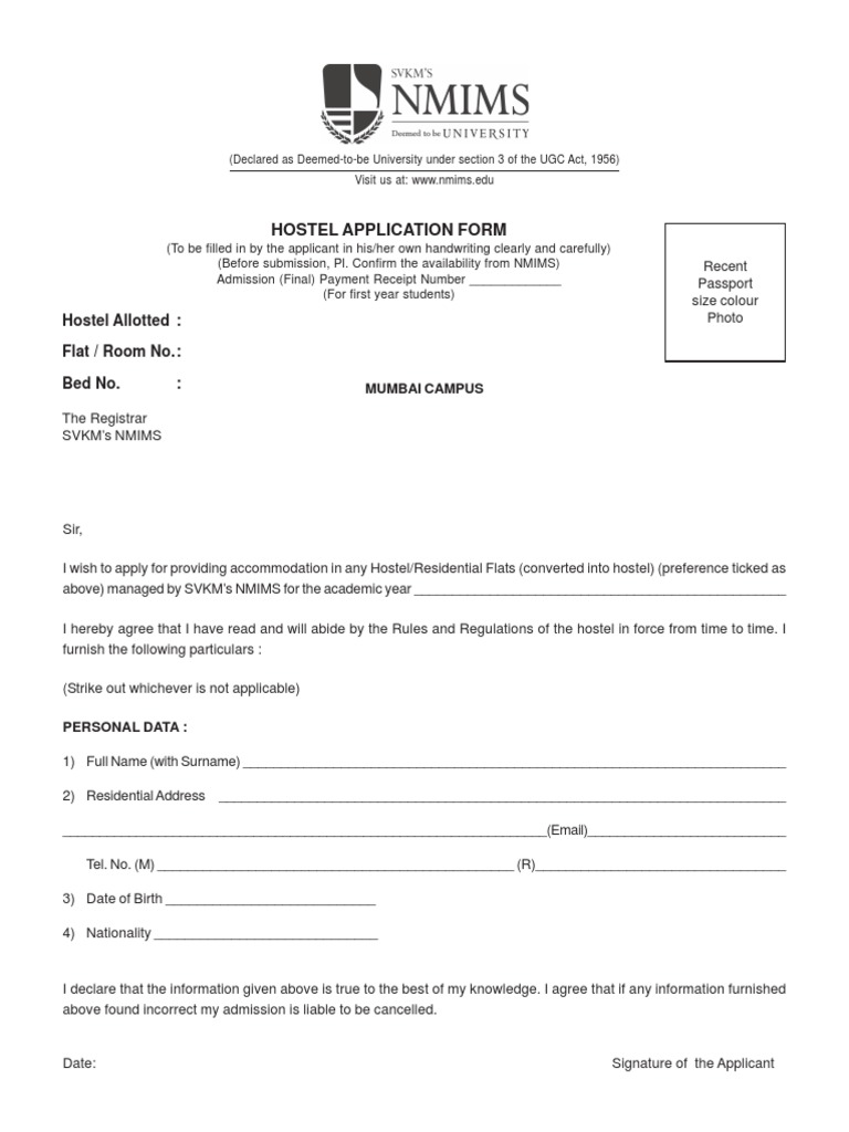 NMIMS Hostel Application Form Summary | PDF | Hostel | Fee