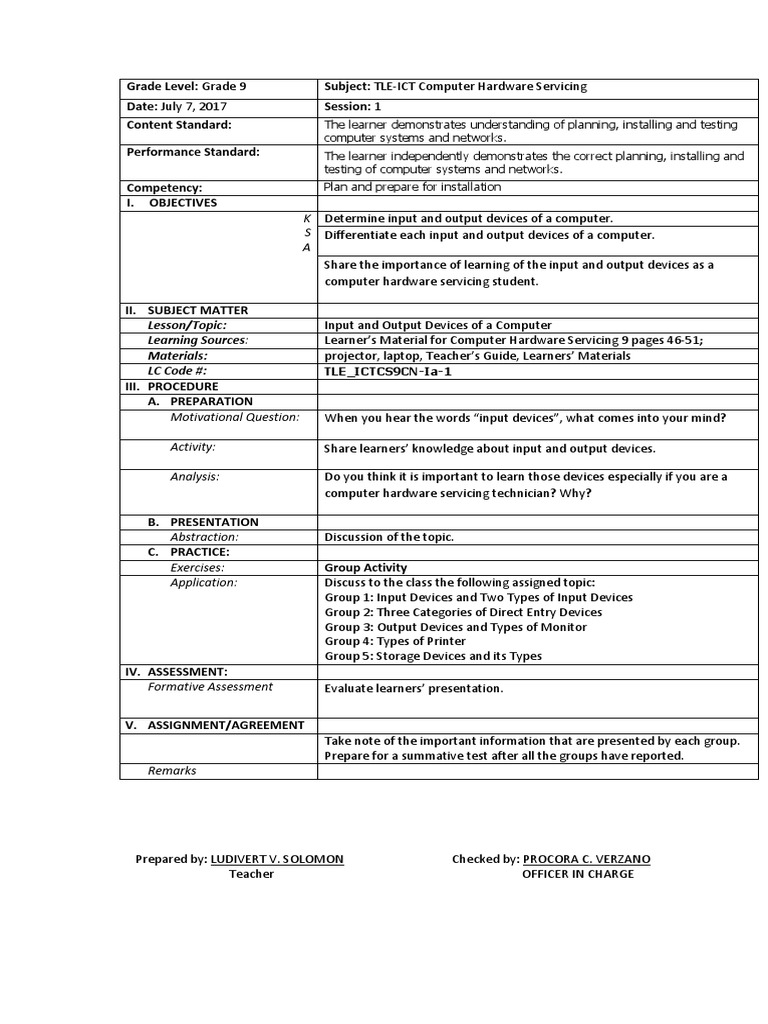 Daily Lesson Log Plan TLE-ICT Computer Hardware Servicing Grade 9 ...