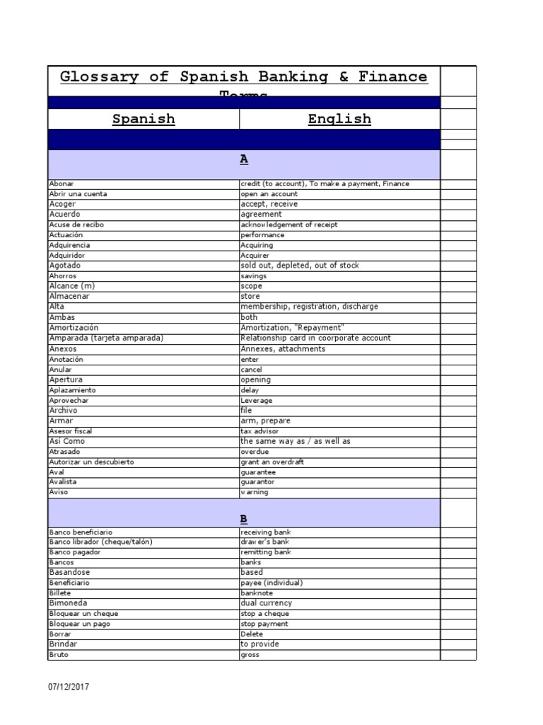 Spanish Banking Terms Glossary | PDF | Cheque | Debits And Credits