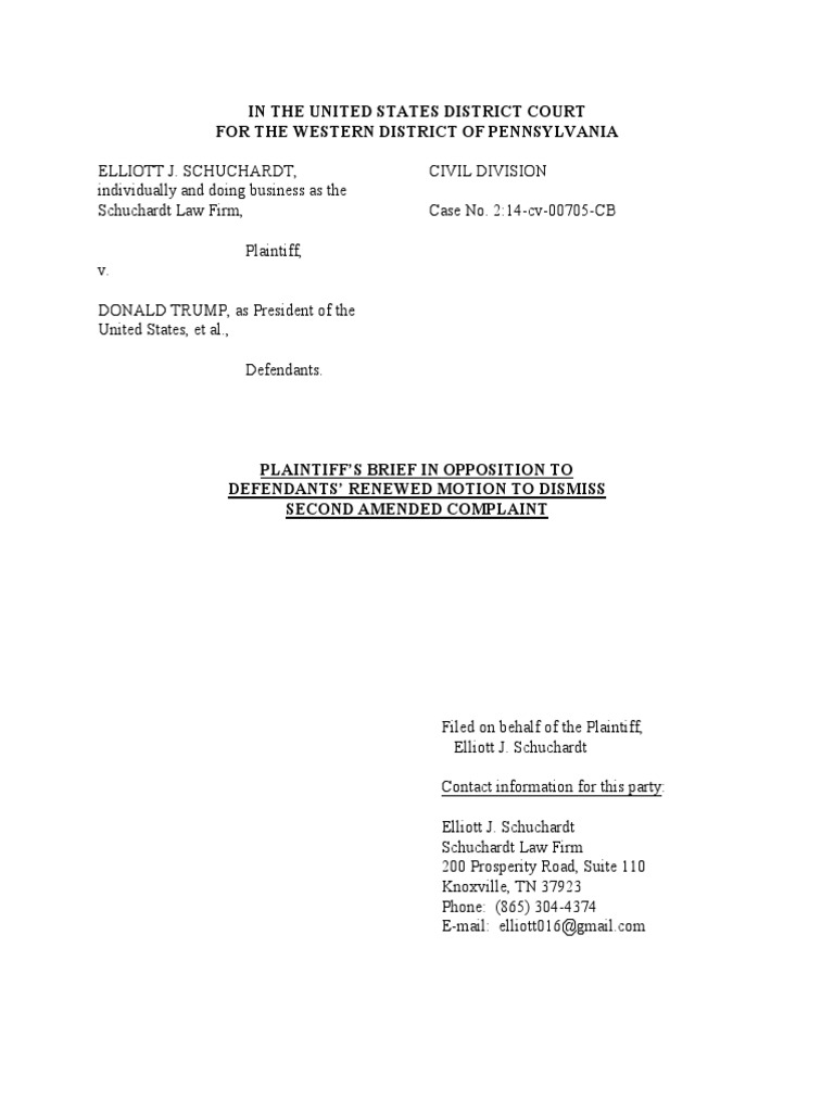 Brief of Elliott Schuchardt in Opposition To Defendants' Renewed Motion To Dismiss | PDF ...