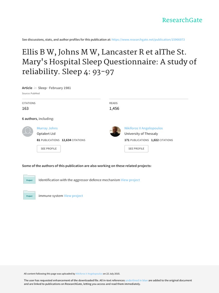 The St. Mary's Hospital Sleep Questionnaire | PDF | Sleep ...