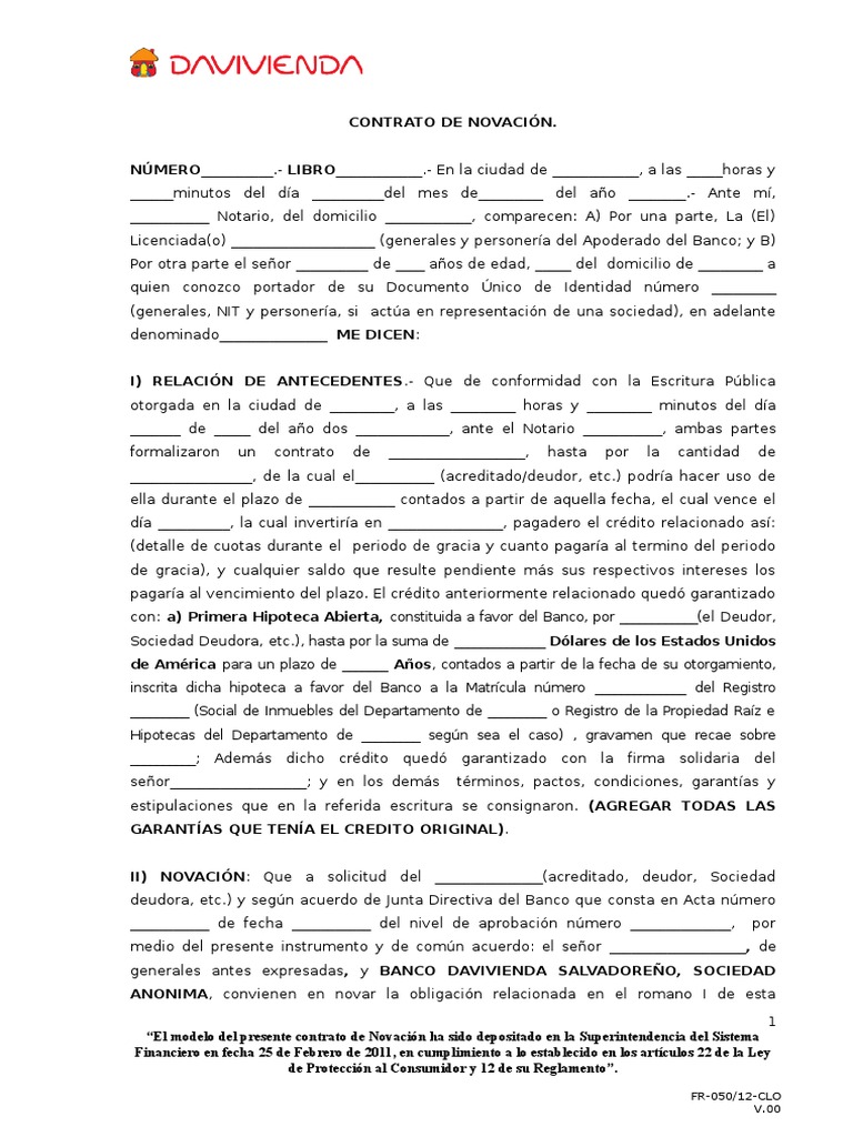 Modelo de contrato de novacion | Derecho privado | Gobierno