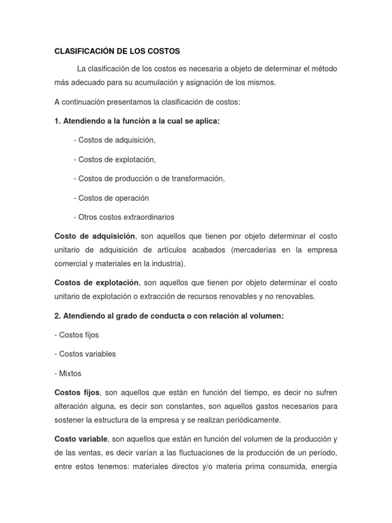 Clasificación de Los Costos Resumen | Descargar gratis PDF | Costo | Economias