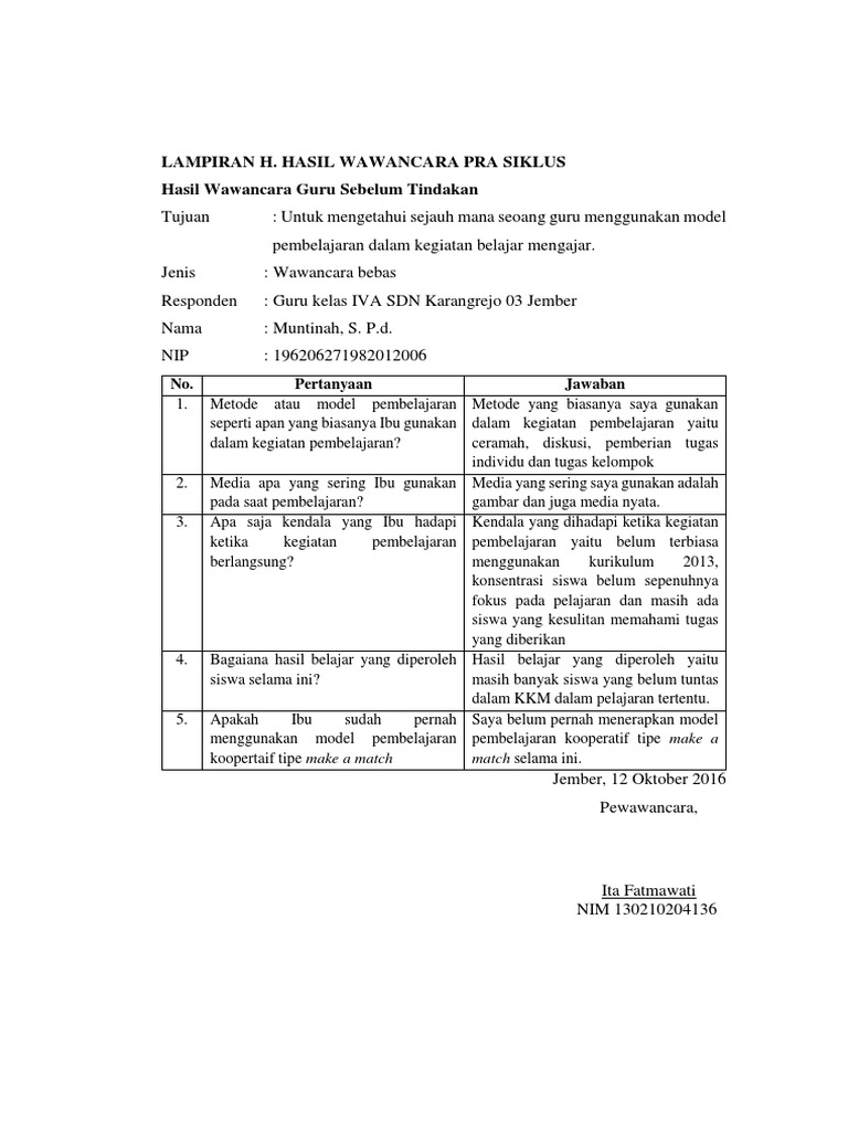 Lampiran H. Hasil Wawancara Pra Siklus | PDF