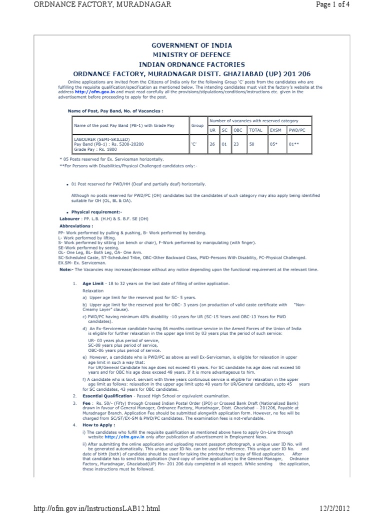 Government of India Ministry of Defence Indian Ordnance Factories ...