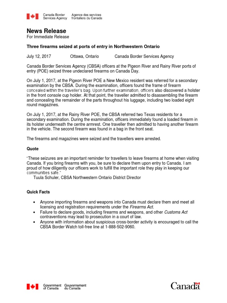 CBSA News Release - Three Firearms Seized at Ports of Entry in ...