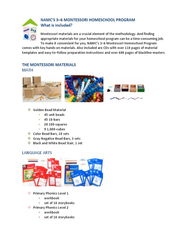 NAMC's 3-6 Montessori Homeschool Program Materials | PDF | Montessori ...