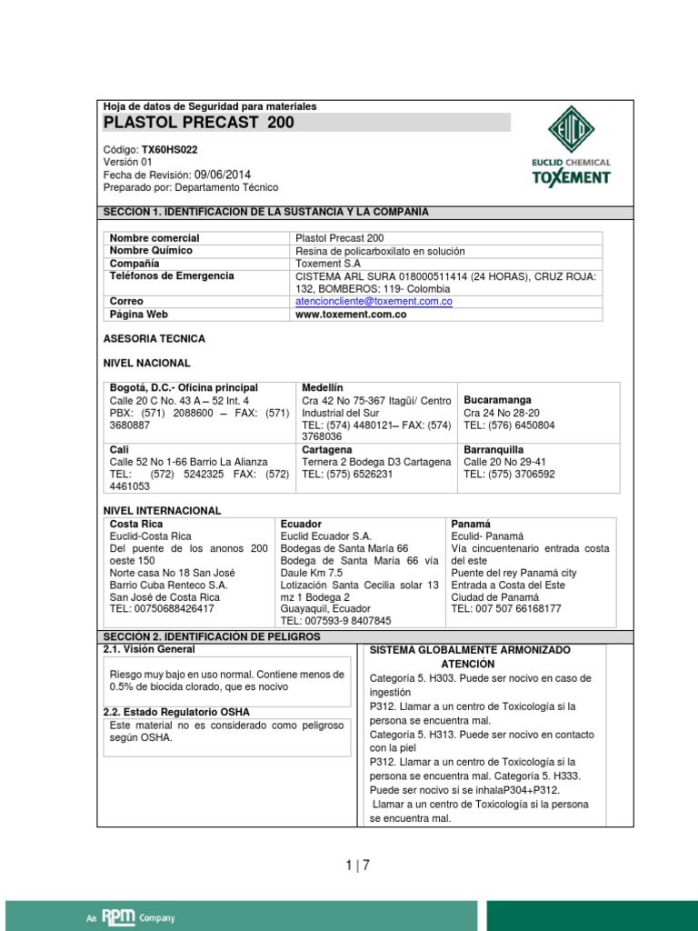 MSDS Plastol Precast 200 | PDF | Dióxido de carbono | Agua
