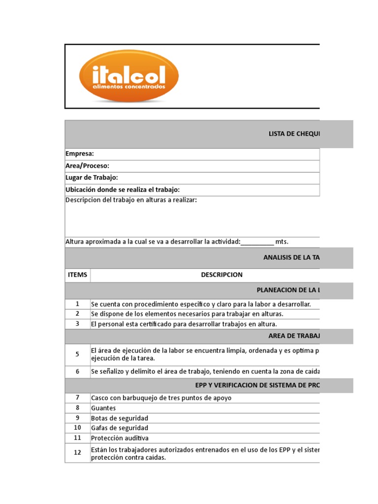 Lista de Chequeo Para Trabajo en Alturas | Naturaleza | Business