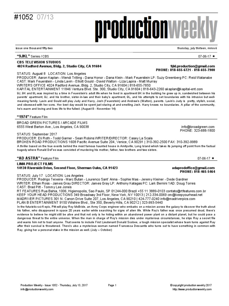 Production Weekly - Issue 1052 - Thursday, July 13, 2017 / 168 Listings ...