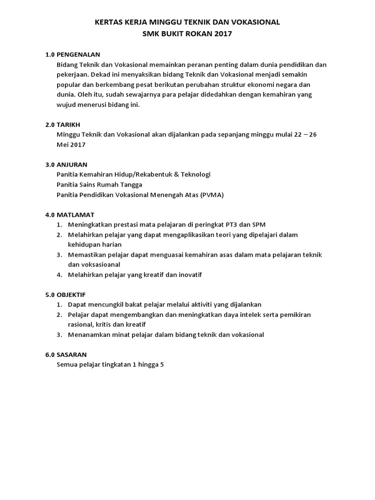 Kertas Kerja Minggu Teknik Dan Vokasional SMK Bukit Rokan 2017 | PDF