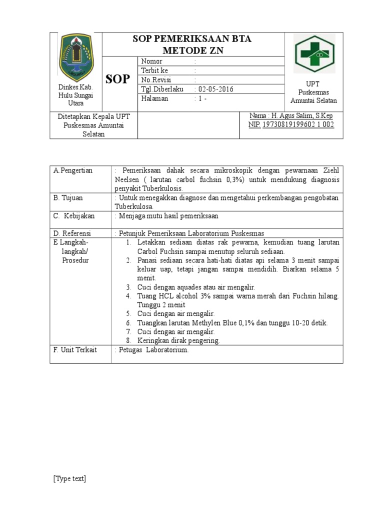 SOP Pemeriksaan BTA Metode ZN | PDF