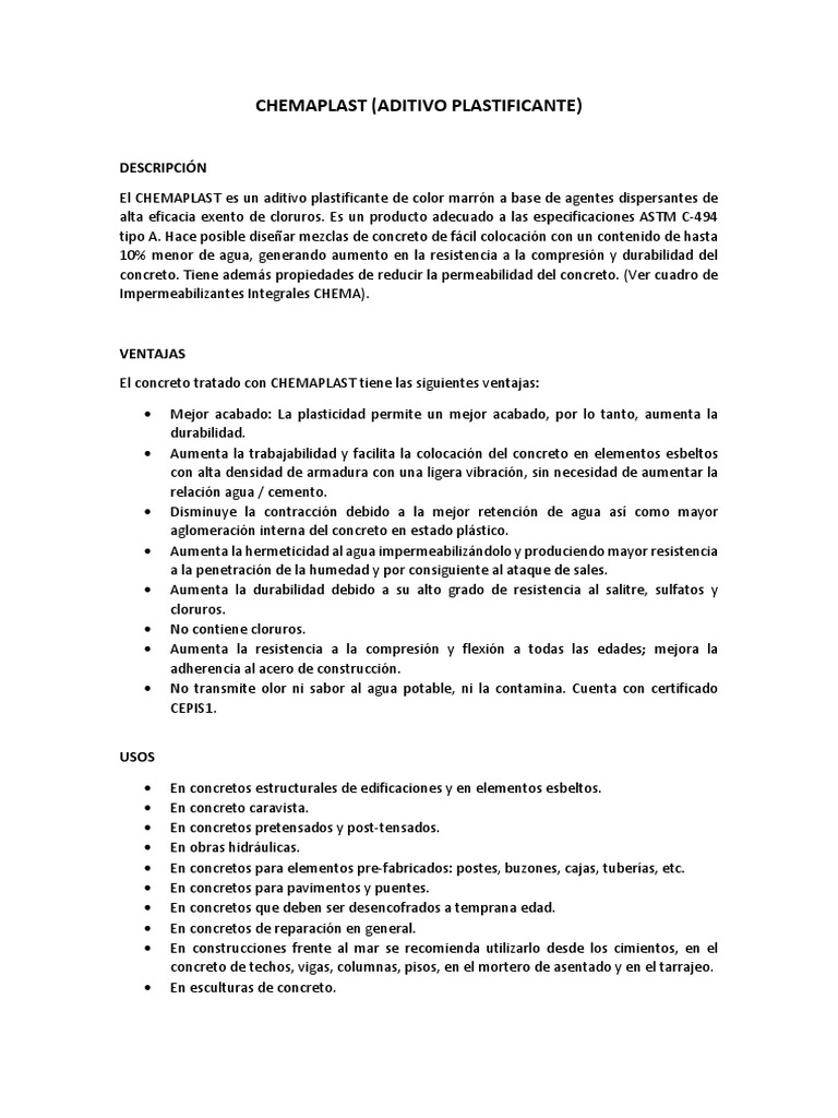 Chemaplast Aditivo Plastificante | PDF | Hormigón | Cemento