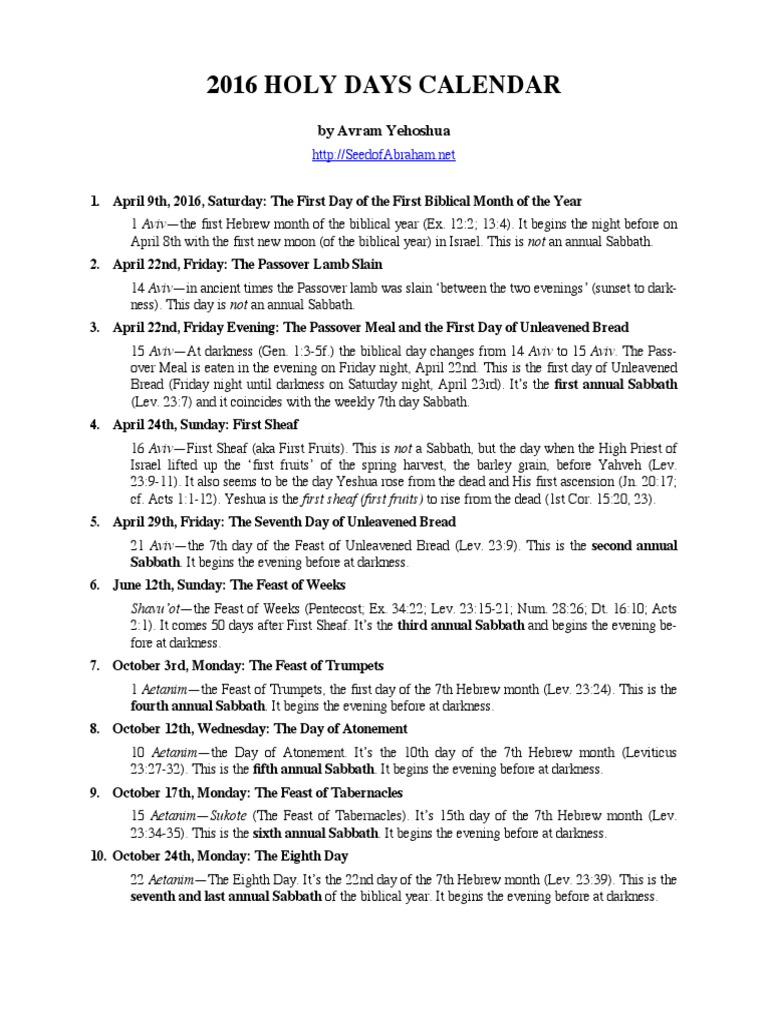 2016 Holy Days Calendar | PDF | Passover | Jewish Law And Rituals