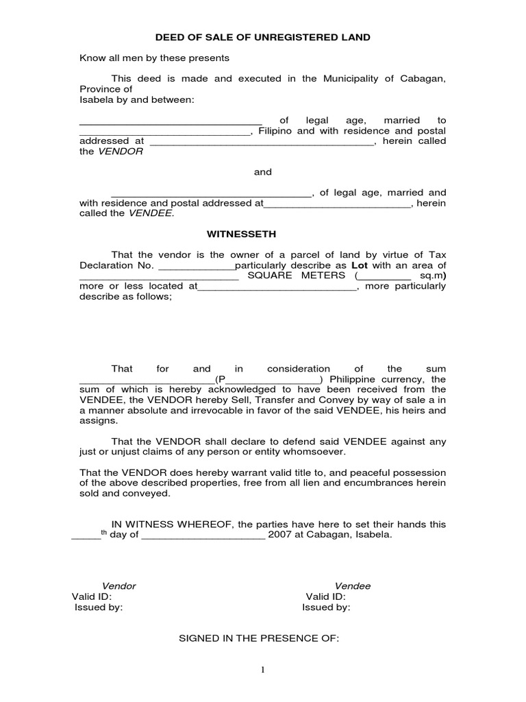 Deed of Sale of Unregistered Land Draft | PDF | Deed | Environmental Law Deed of Sale of Unregistered Land Draft | PDF | Deed | Environmental Law