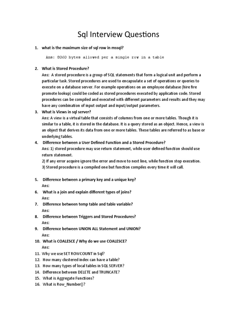 SQL Interview Questions: Ans: 8060 Bytes Allowed Per A Single Row in A ...